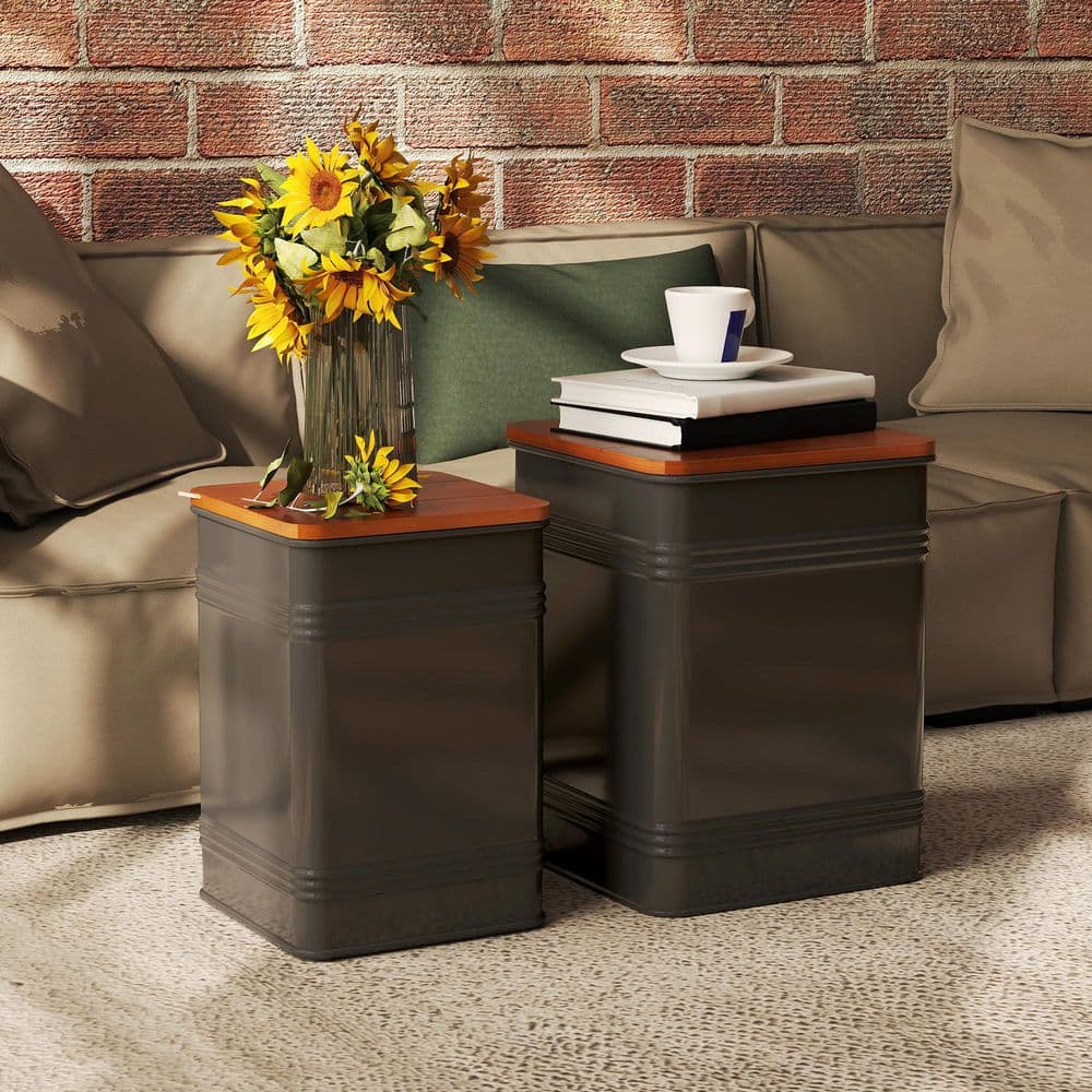 HOMCOM 14.6 in. Square Ottoman with Storage Set of 2, Industrial Accent ...