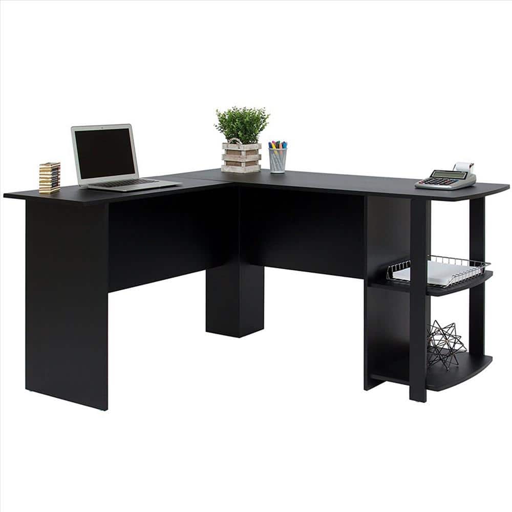 FCH 53 in. L-Shaped Black Wood Right-Angle Computer Desk with 2-Layer ...
