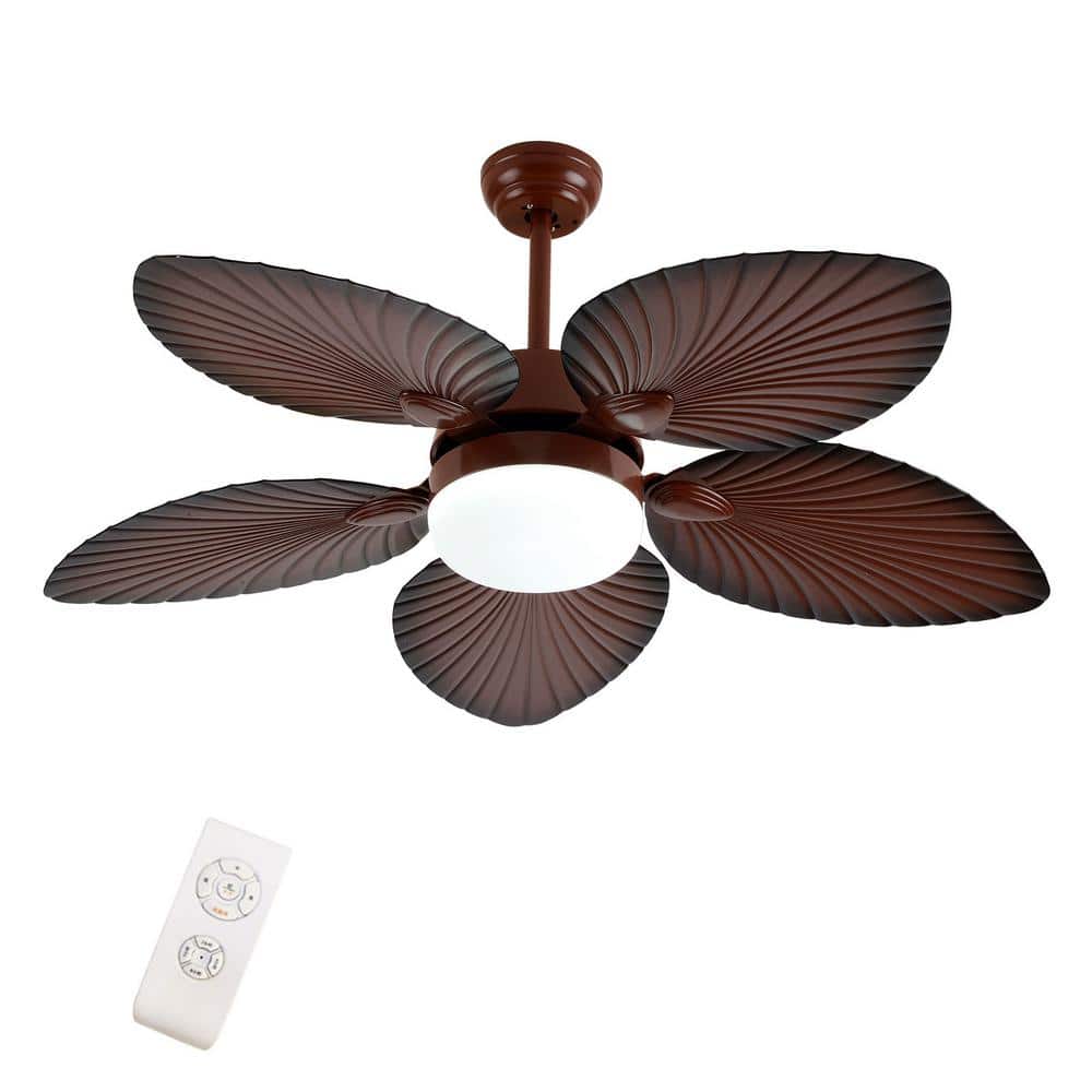 OUKANING 52 in. LED Indoor Dark Brown Retro 5 Palm Leaf Shaped Blades ...