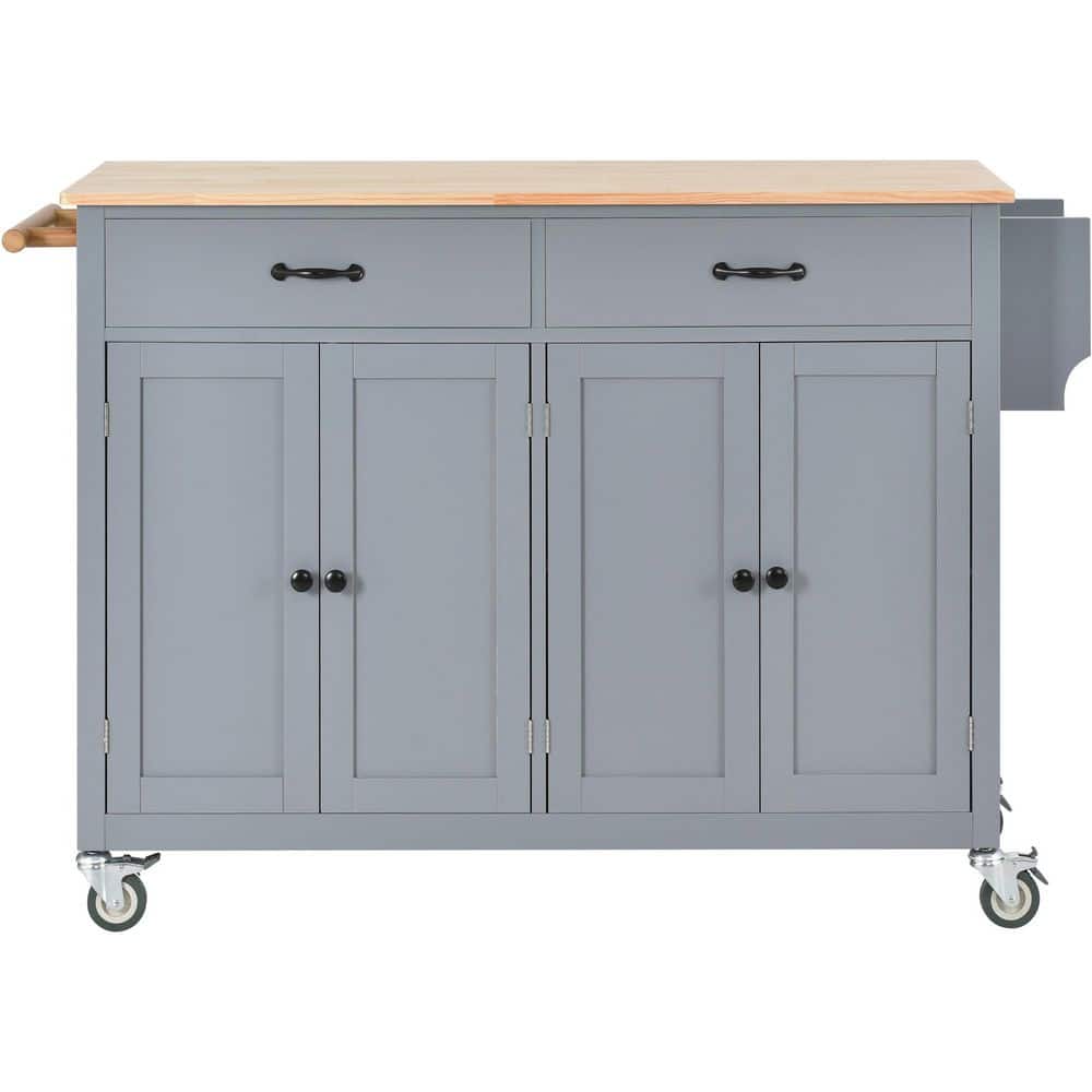 54.3 in. MDF Blue Kitchen Cart with Cabinets, 4 Door Cabinet and Two ...