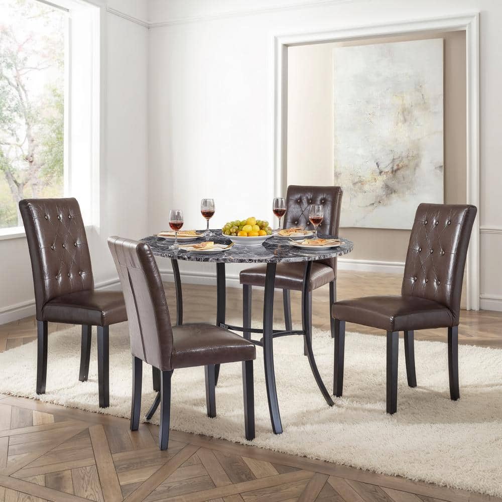 VECELO 36 in. Round Dining Set with Faux Marble MDF Top and 4-Button PU ...