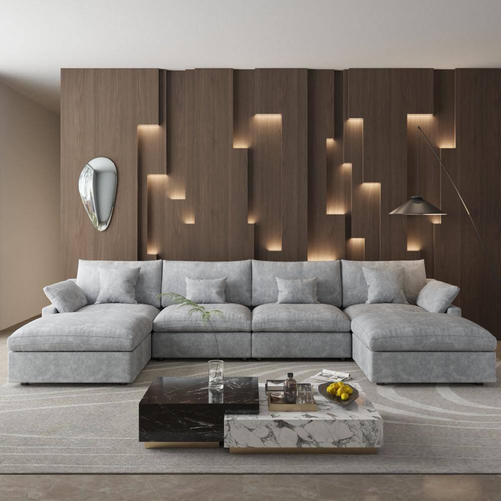 J&E Home 155.9 in. Square Arm 6-piece Linen Modular Sectional Sofa in ...