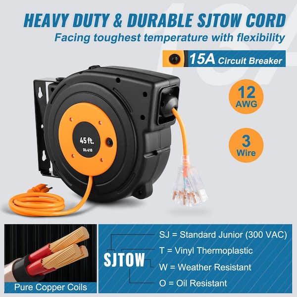 Retractable Extension Reel, Heavy Duty 12AWG/3C SJTOW Power Cord 45 FT ...