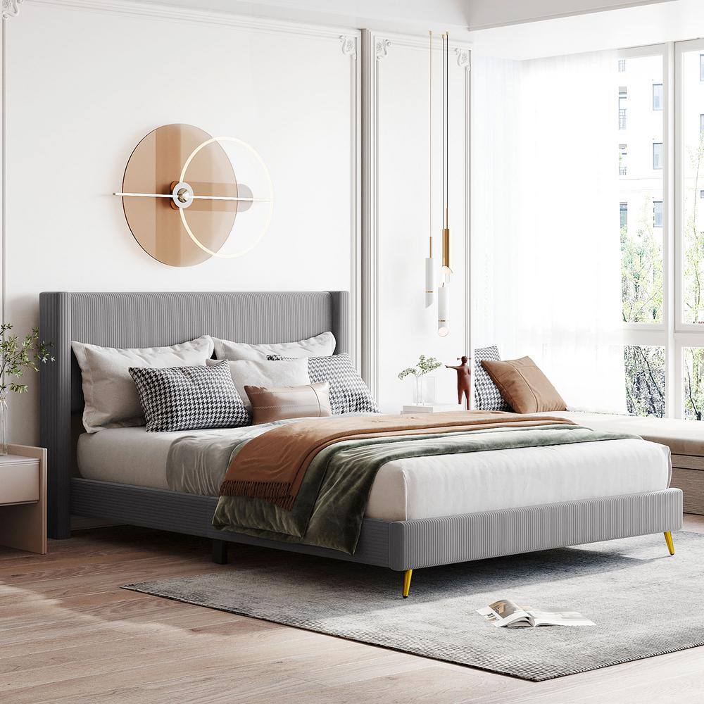 Gray Wood Frame Queen Size Corduroy Platform Bed with Metal Legs