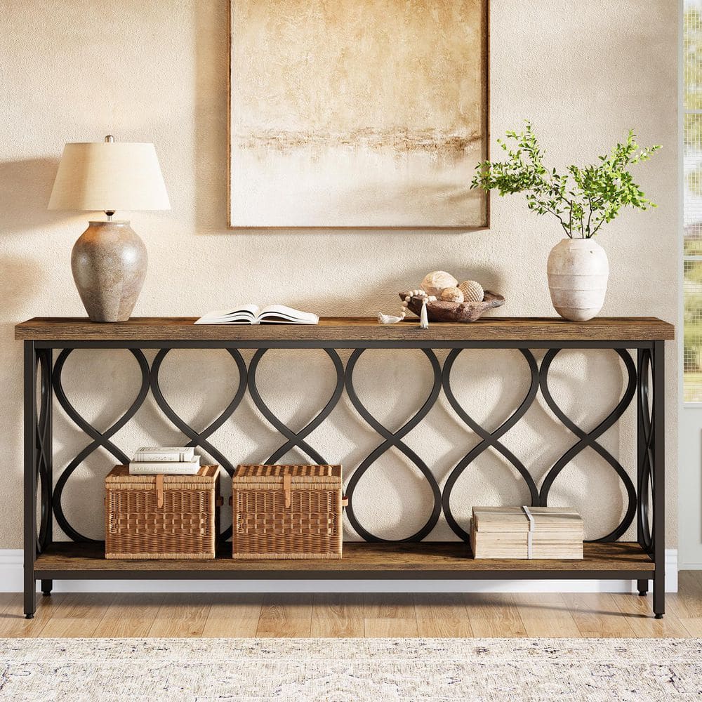 TRIBESIGNS WAY TO ORIGIN Benjamin 71 in. Brown Black 2-Tier Rectangle Wood Behind Sofa Hallway ...