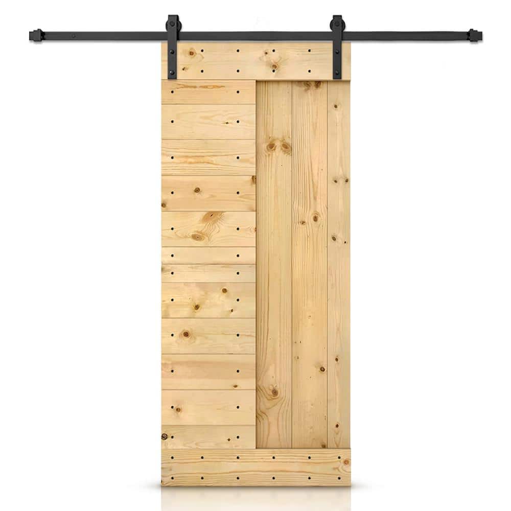 CALHOME 36 in. x 84 in. Unfinished DIY Knotty Pine Wood Interior Sliding Barn Door with Hardware ...