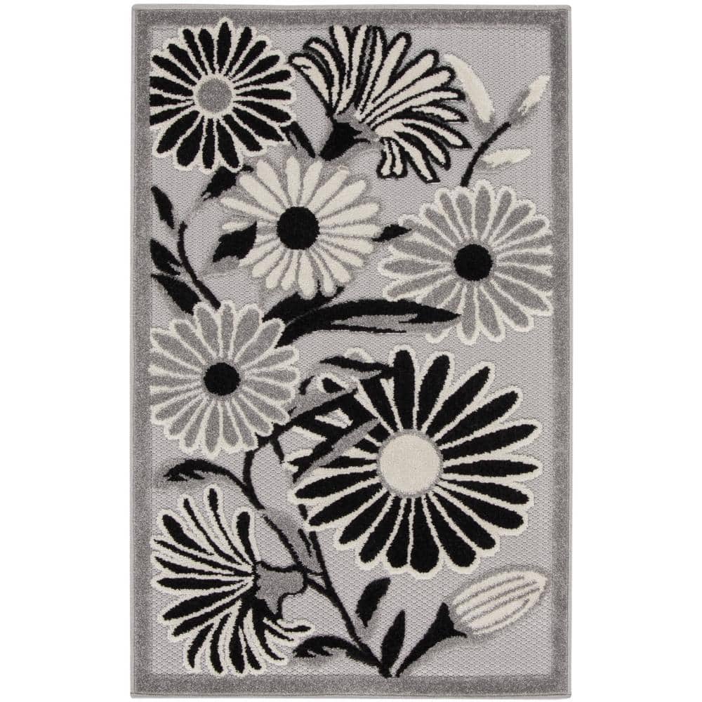 Nourison Aloha Black White doormat 3 ft. x 4 ft. Wild Flower Botanical ...
