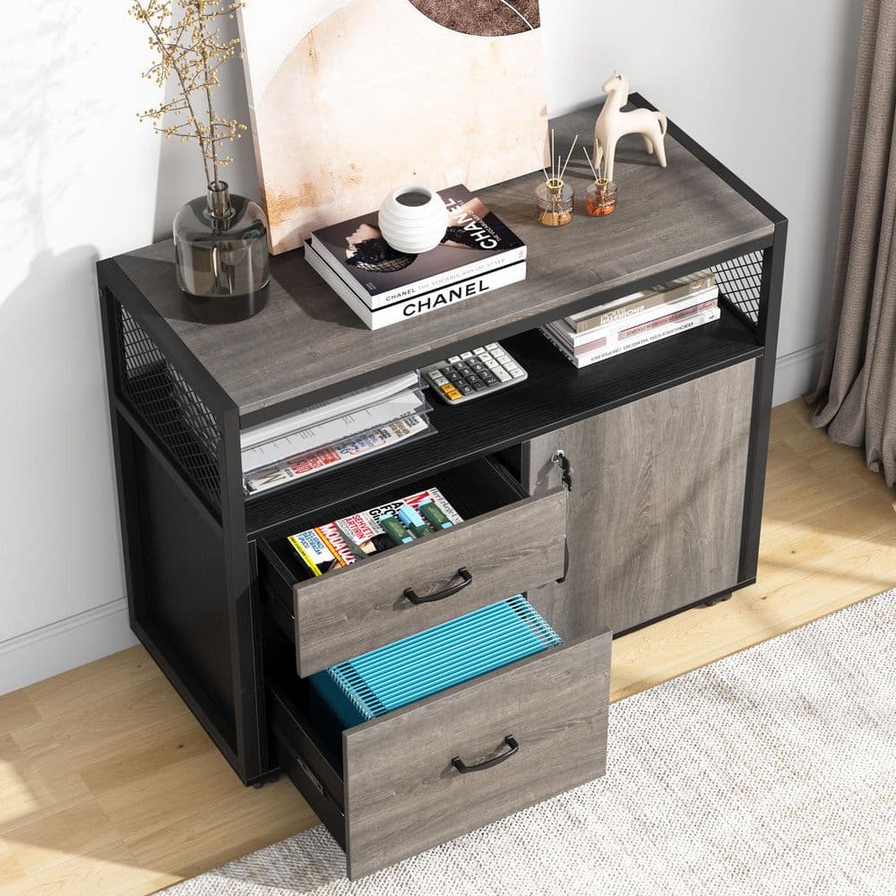 BYBLIGHT Atencio 2-Drawers Gray and Black 31.4 in. W Engineered Wood ...