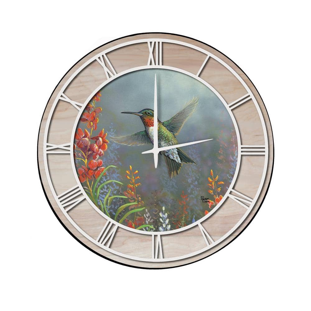 "Summer Hummer" Woodgrain Accent and White Numbers Imaged Wall Clock CL ...