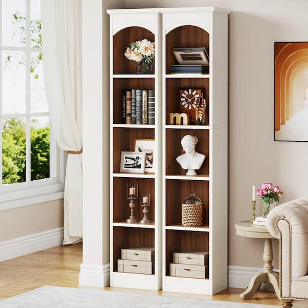 70.86 in. Tall White and Oak Engineered Wood 5 Shelf Corner Bookcase Narrow Bookshelf for Living Room