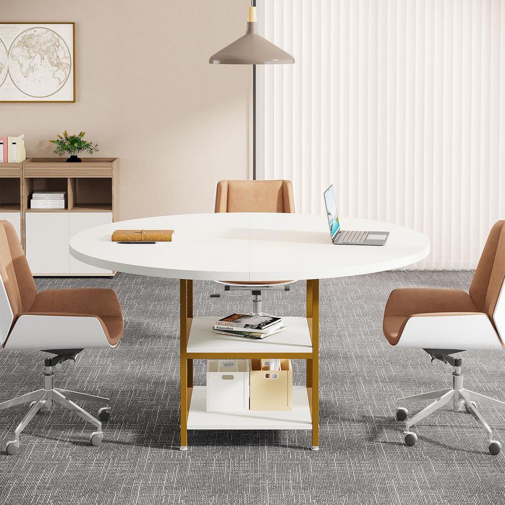 BYBLIGHT Moronia 47.25 in. Round Conference Table with 2 Storage ...