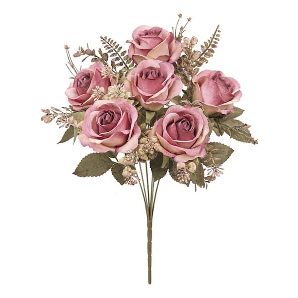LIVING LUXURY 15 in. Rose Mauve Pink Artificial Rose Flower Stem Bush ...
