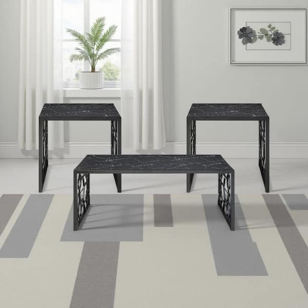 Benjara Melin 48.0 in. Black Rectangle Glass Coffee Table with 2 End ...