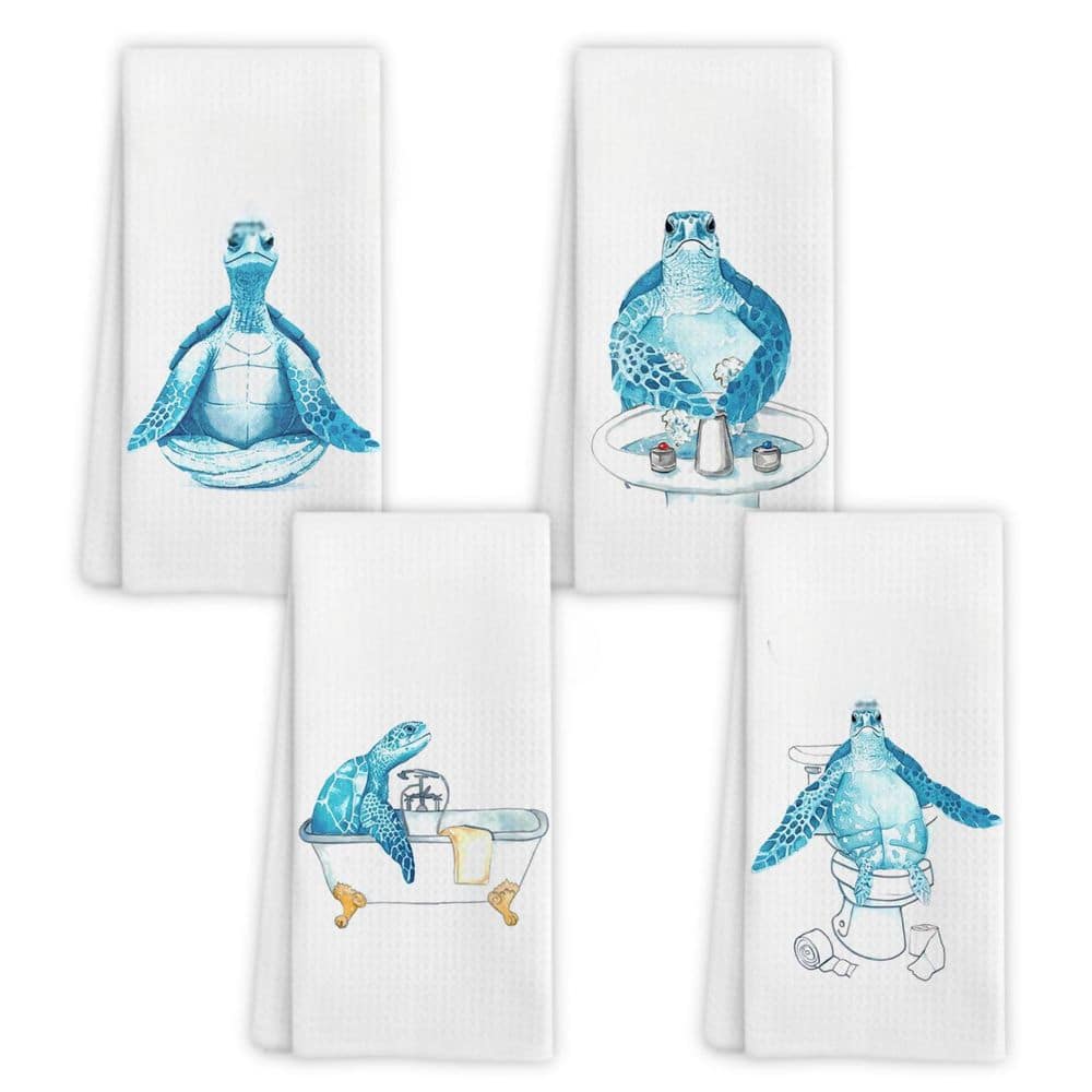 4-Piece White Graphic Coastal Beach Sea Turtle Cotton Hand Towel Set ...