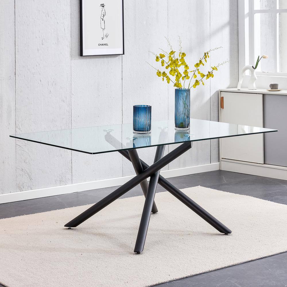 Polibi Large Modern Rectangular Clear Glass Dining Table 71 in. Black ...