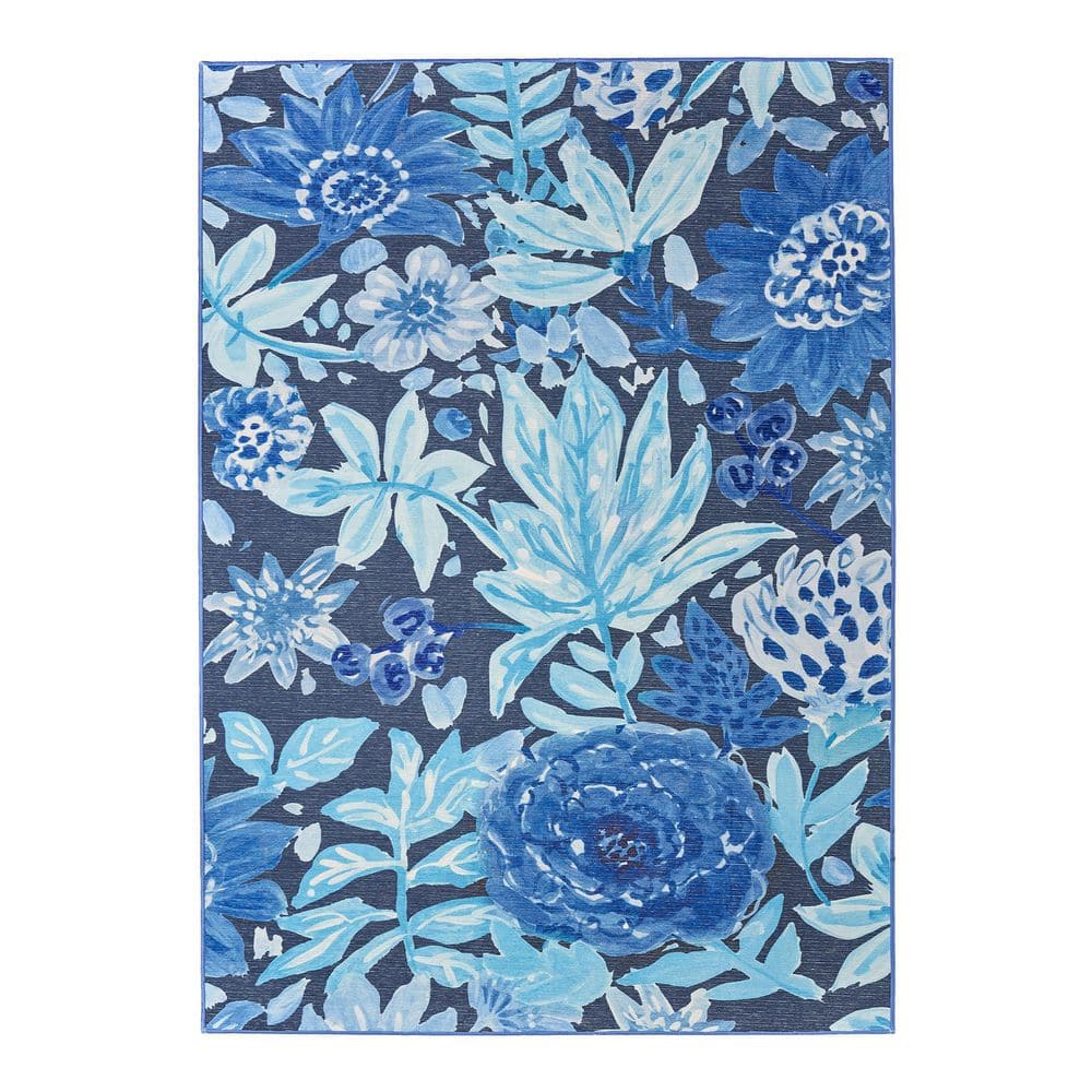 My Magic Carpet Floral Bloom Blue Indoor Machine Washable 5 ft.x 7 ft ...