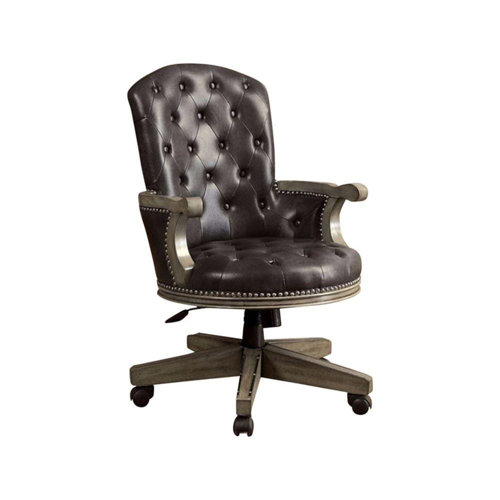 Benjara Gray and Black Leather Arm chair with Wooden Frame BM141697 ...