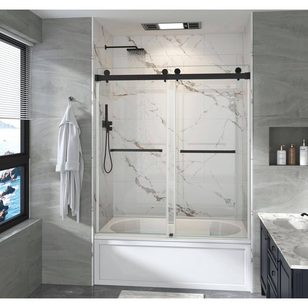 LASIHEM 56-61 in. W x 60 in. H Double Sliding Frameless Tub Door in ...