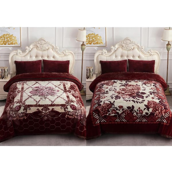 JML Dark Red Floral 2-Ply Reversible Polyester Fleece Mink 85 in. x 95 ...
