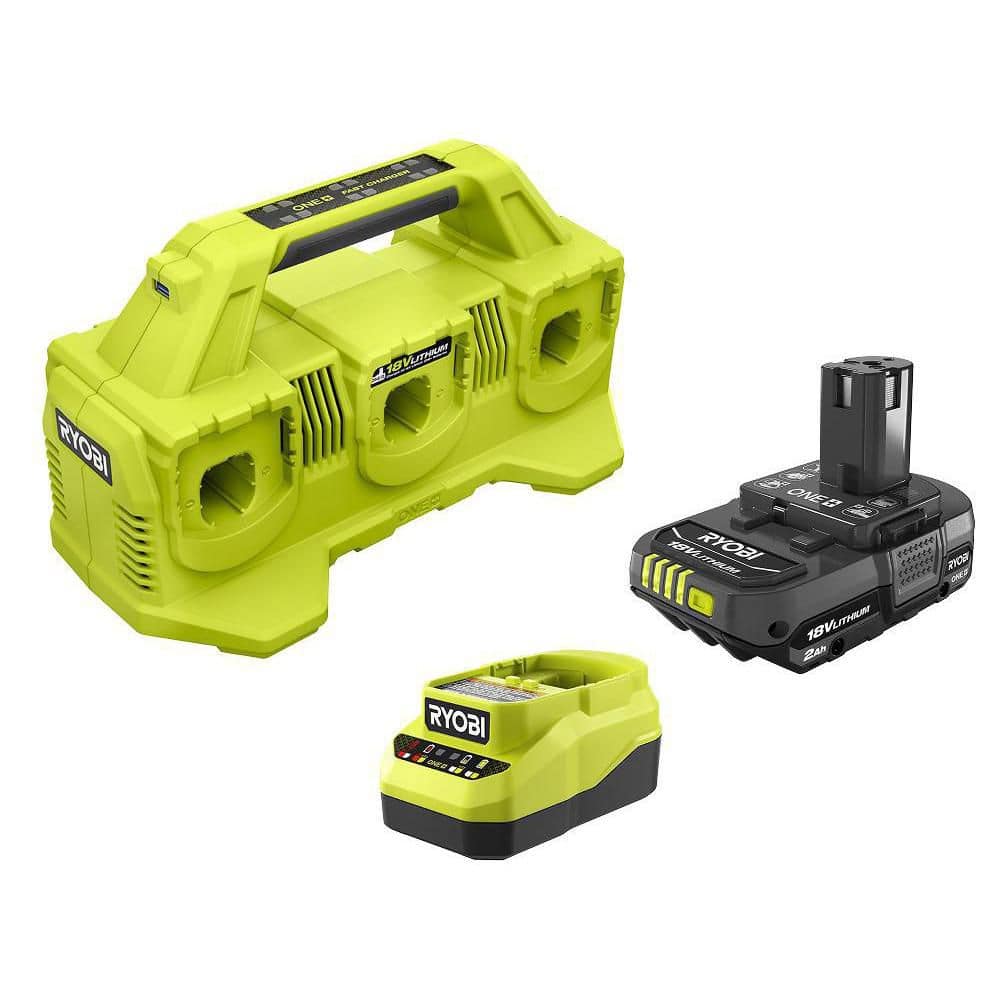 RYOBI ONE+ 18V 6-Port Fast Charger with 2.0 Ah Battery and Charger Kit ...