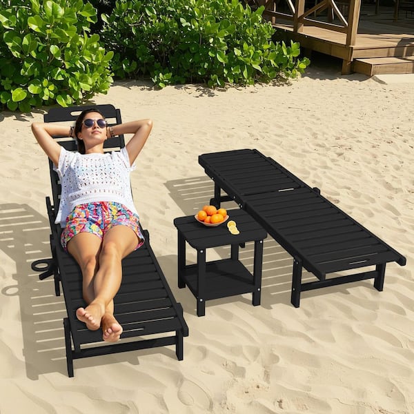 JEAREY HDPE Black Plastic 5-Level Adjustment Outdoor Chaise Lounge ...
