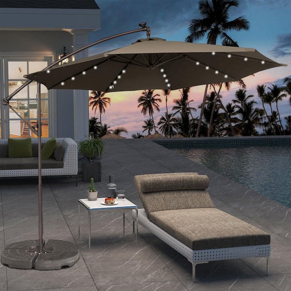 10 ft. Steel Solar LED Patio Offset Hanging Umbrella with 2-Way Stop ...