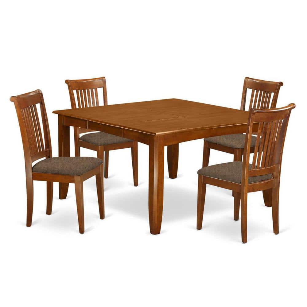 East West Furniture 5-Piece Square Saddle Brown Finish Solid Wood Top Dining Table with 4 Chairs ...