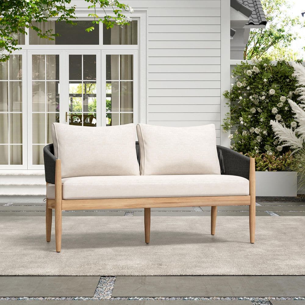 CHRISTOPHER KNIGHT HOME Spring Patio Solid Wood and Rope Weave Outdoor Loveseat with Beige ...