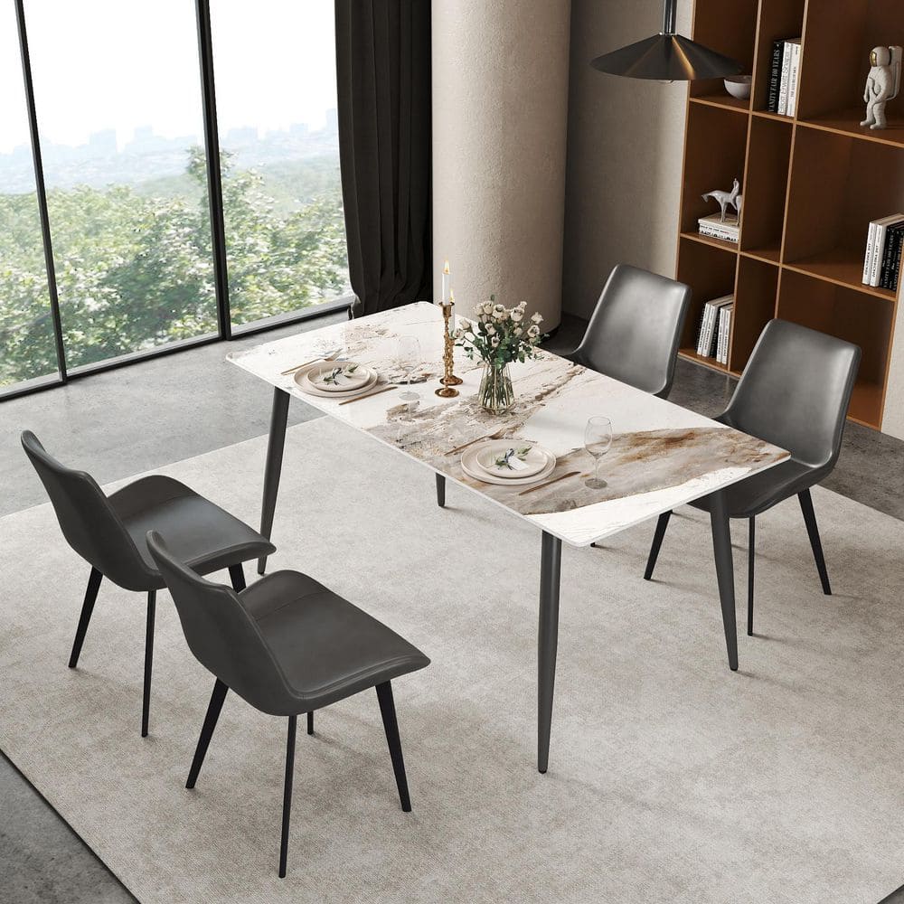 J&E Home Pandora White Rectangle Sintered Stone Marble 62.99 in. Pedestal Dining Table Seats 6 ...