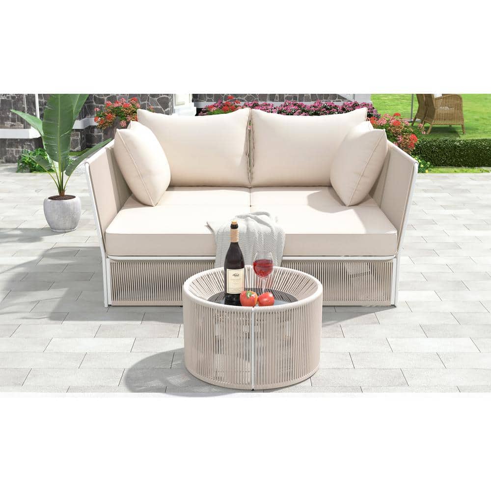 matrix decor 2-Piece Beige Metal Outdoor Sunbed, Patio Double Chaise ...