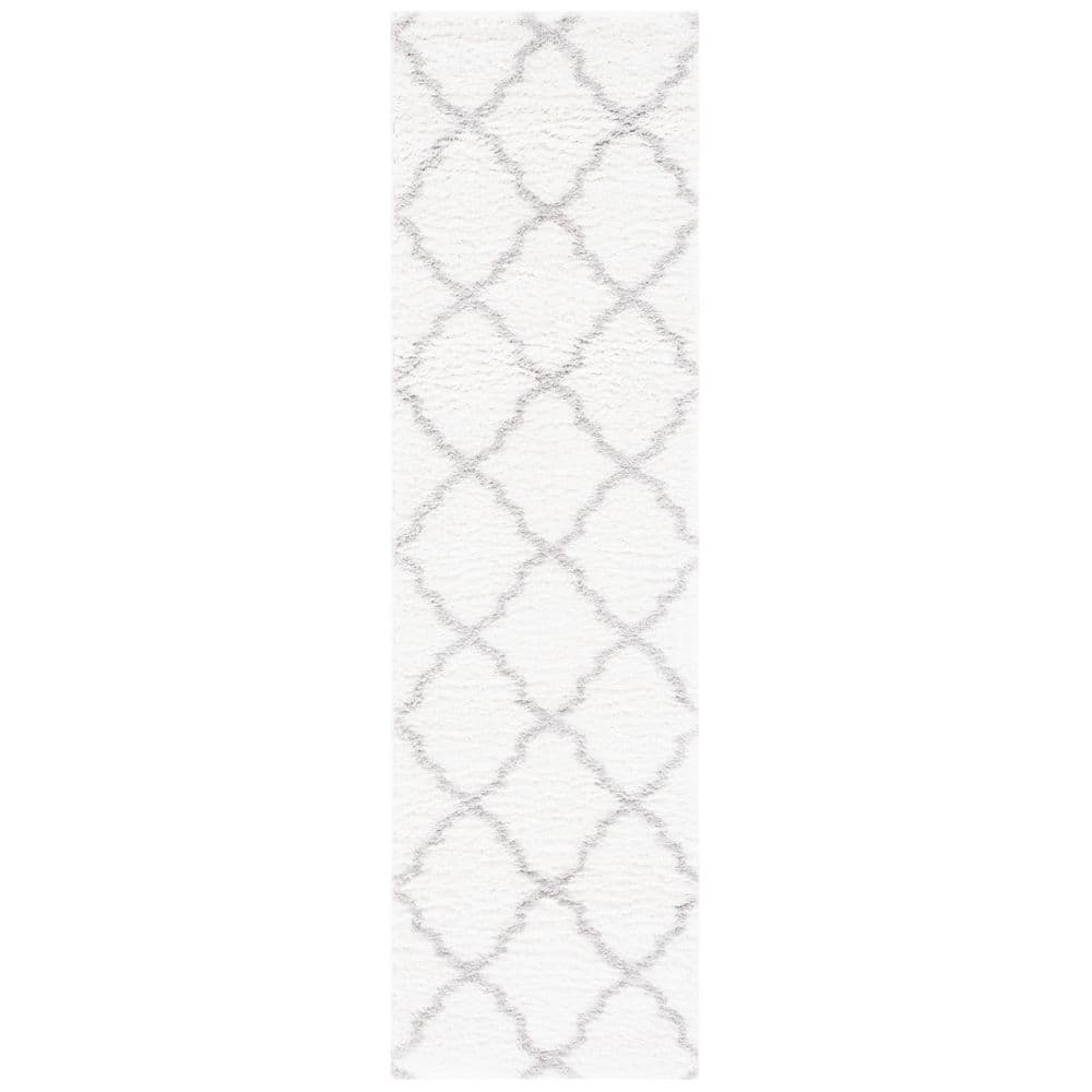 SAFAVIEH Berber Shag 2 ft. x 8 ft. Ivory/Light Gray Trellis Diamond ...