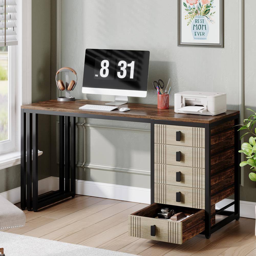 BYBLIGHT Moronia 55.12 in. Rectangular Brown and Oak Wood 5-Drawer ...