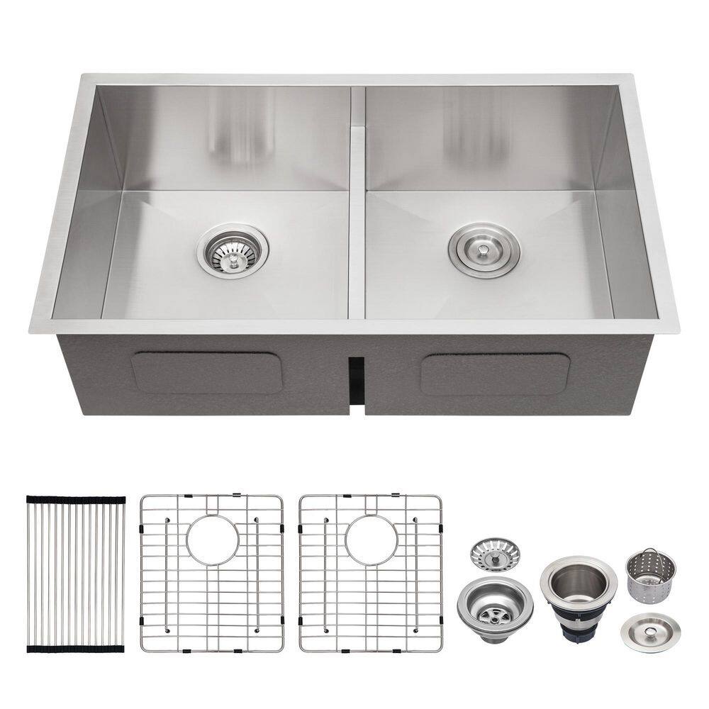 Dueyeeri 30 in. Undermount Double Bowl (50/50) 16-Gauge Brushed Nickel ...