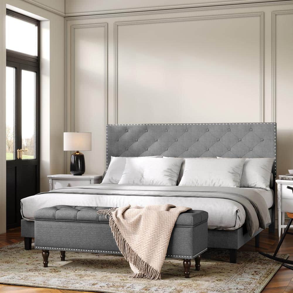 LUE BONA Gray Bed Frame Upholstered King Platform Bed (83.3 in. W x 44. ...