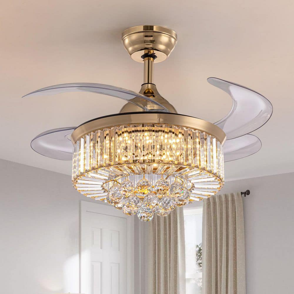 WDETR 36 in. LED Indoor Gold Crystal Chandelier with Fan , Retractable ...