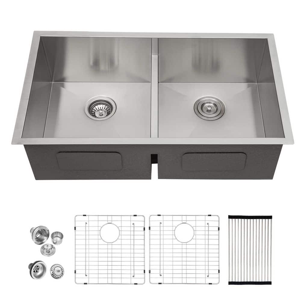 Sarlai 36 in. Undermount Low-Divide Double Bowl 16-Gauge Brushed ...