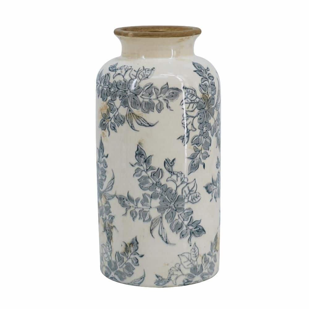 10 in. White Round Ceramic Vase with with Floral Motif for Decorating a ...