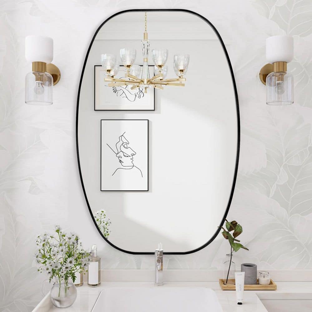 LuxHomez 30 in. W x 40 in. H Modern Oval Aluminum Frame Black Wall ...