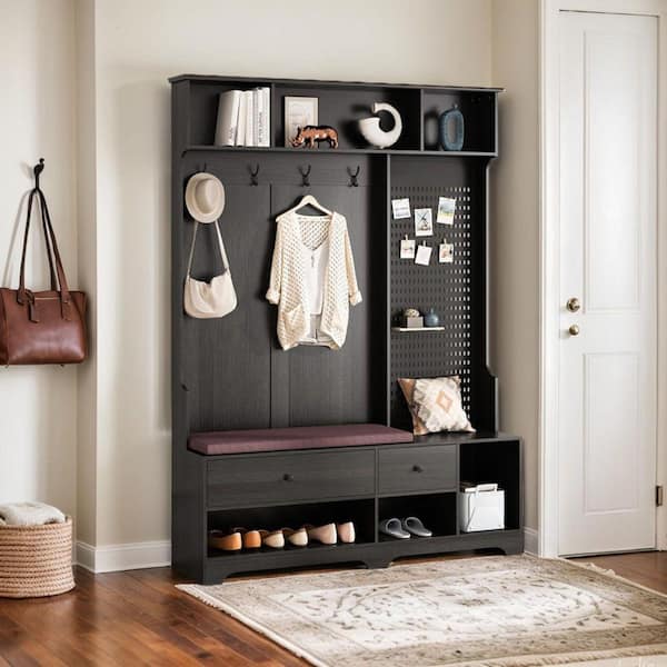 77.2 in. Black Wood Hall Tree with Bench, Hallway Hall Tree with DIY ...