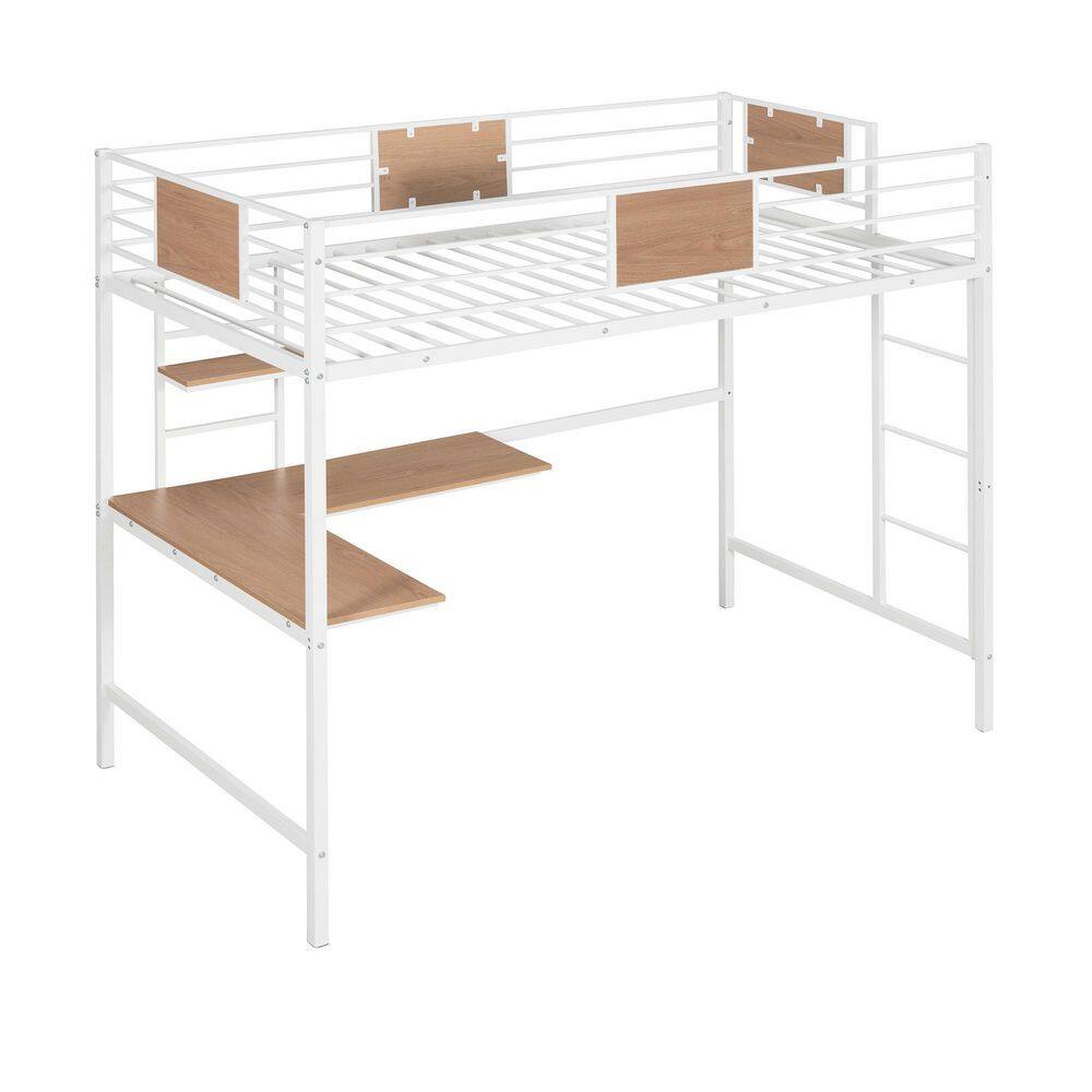 ANBAZAR Modern White Twin Size Metal Loft Bed Frame with L-Shaped Desk ...