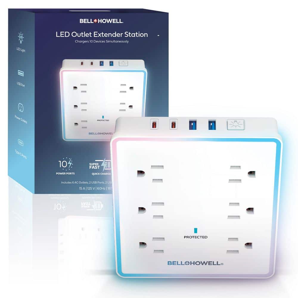 Bell + Howell LED Outlet Extender Station 6 Outlets, 2 USB, and 2 USB-C ...