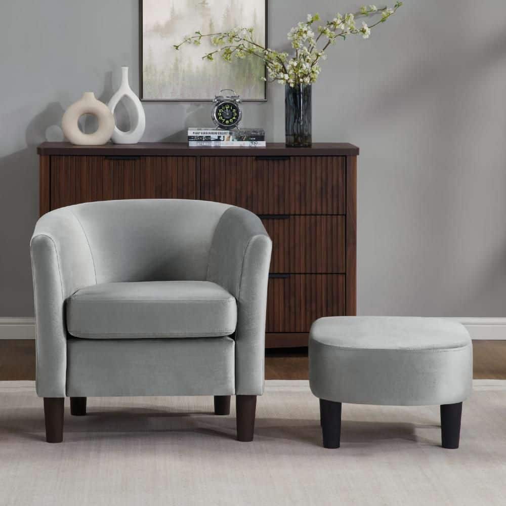 Bestier Gray Modern Velvet Accent Chair with Ottoman U-Shaped Back and ...