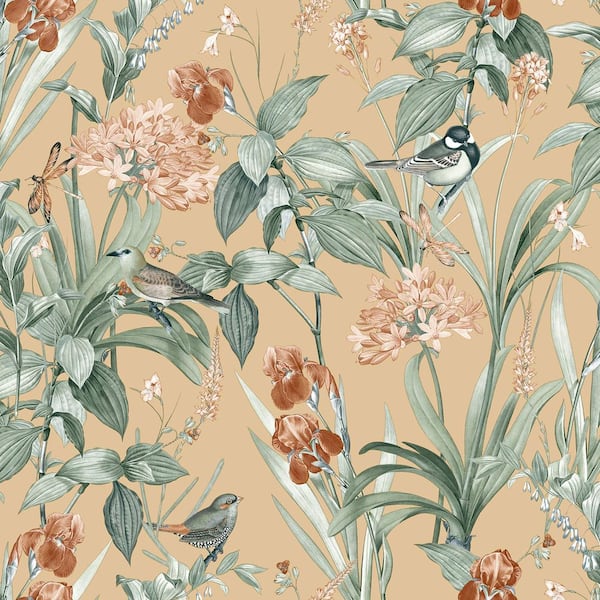 Veer Decor Mint Birds and Dragonflies Botanical Orange Ground Wallpaper ...
