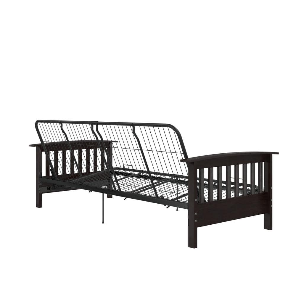 REALROOMS Elbi Full Size Wood Arm and Black Metal Futon Frame, Espresso ...