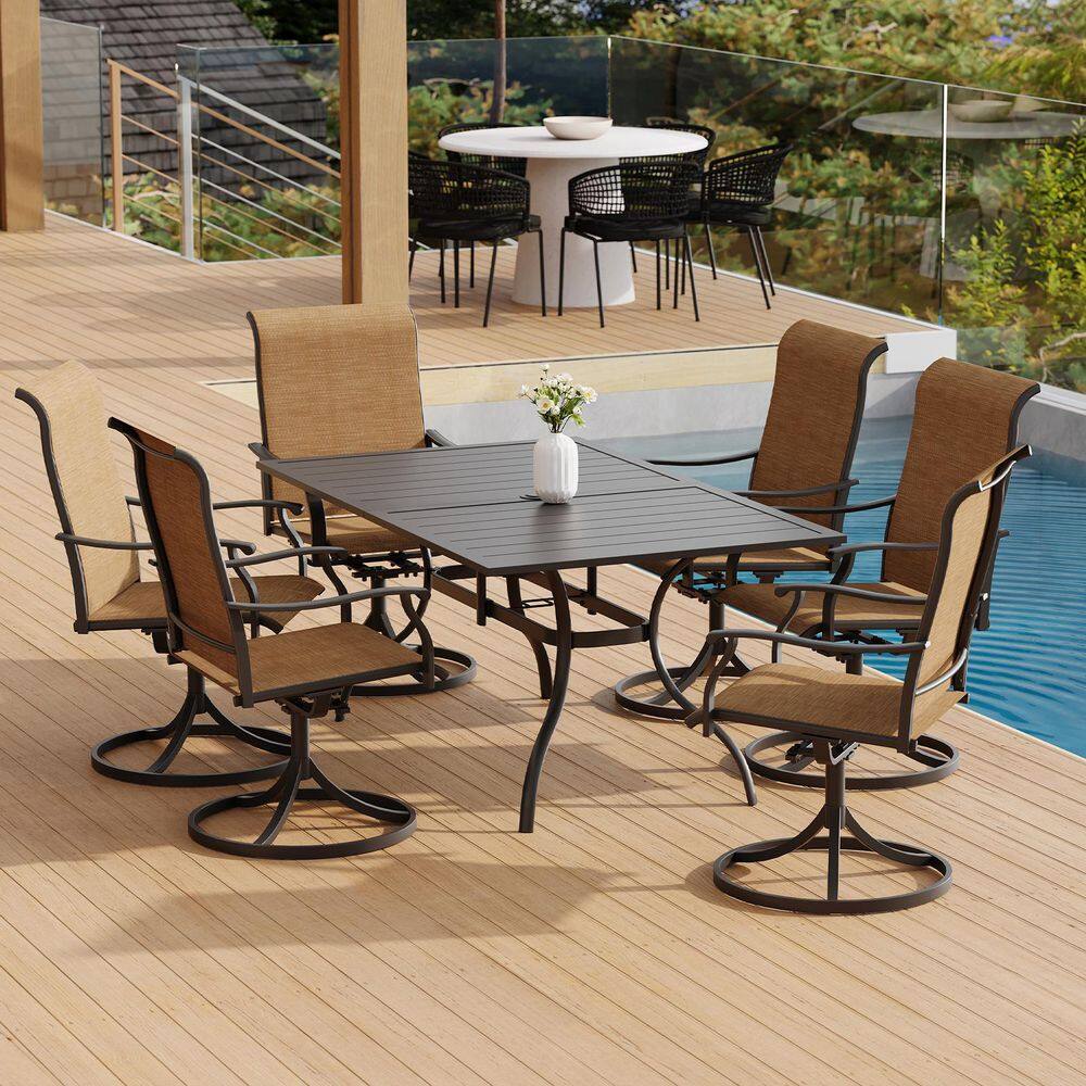 Anmutig 7-Piece Metal Outdoor Patio Dining Set Rectangular Dining Table with Six Sling Swivel ...
