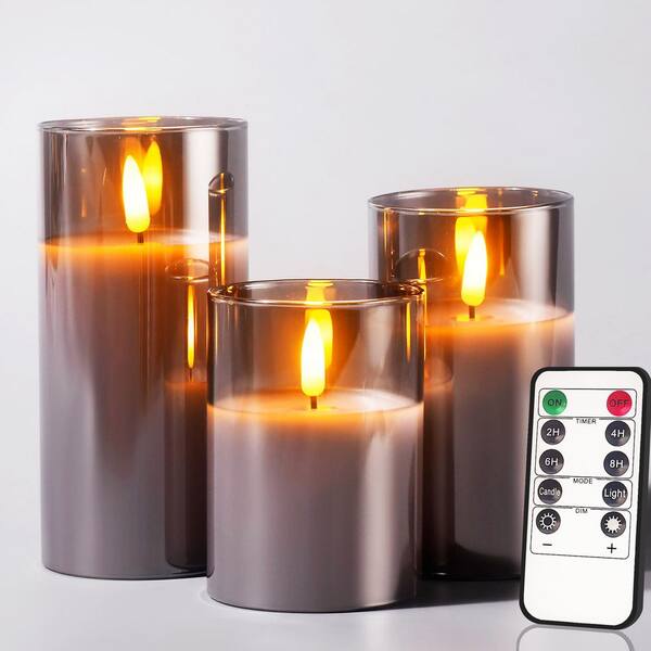 Gray Battery Powered Unscented Glass LED Flameless Candles with Remote ...
