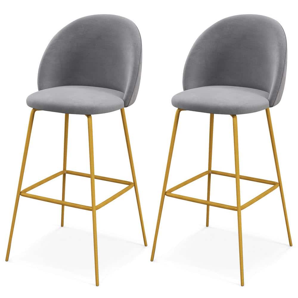 Gymax 29 in. Grey Metal Bar Stool with Footrest Velvet Upholstered Bar ...