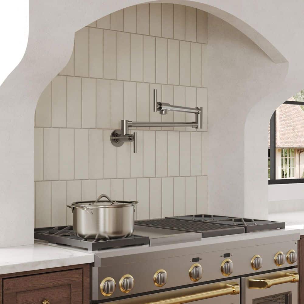 GRANDJOY 25 in. Wall-Mount Double Handles Pot Filler Faucet Kitchen Faucet with Dual Swing Arms ...