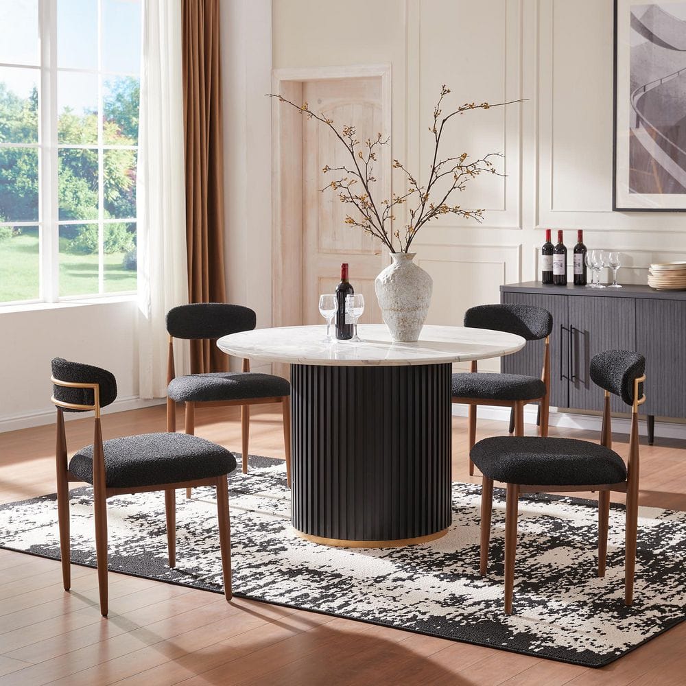Morden Fort Modern 5-Piece Faux Marble Dining Table Top with Boucle ...