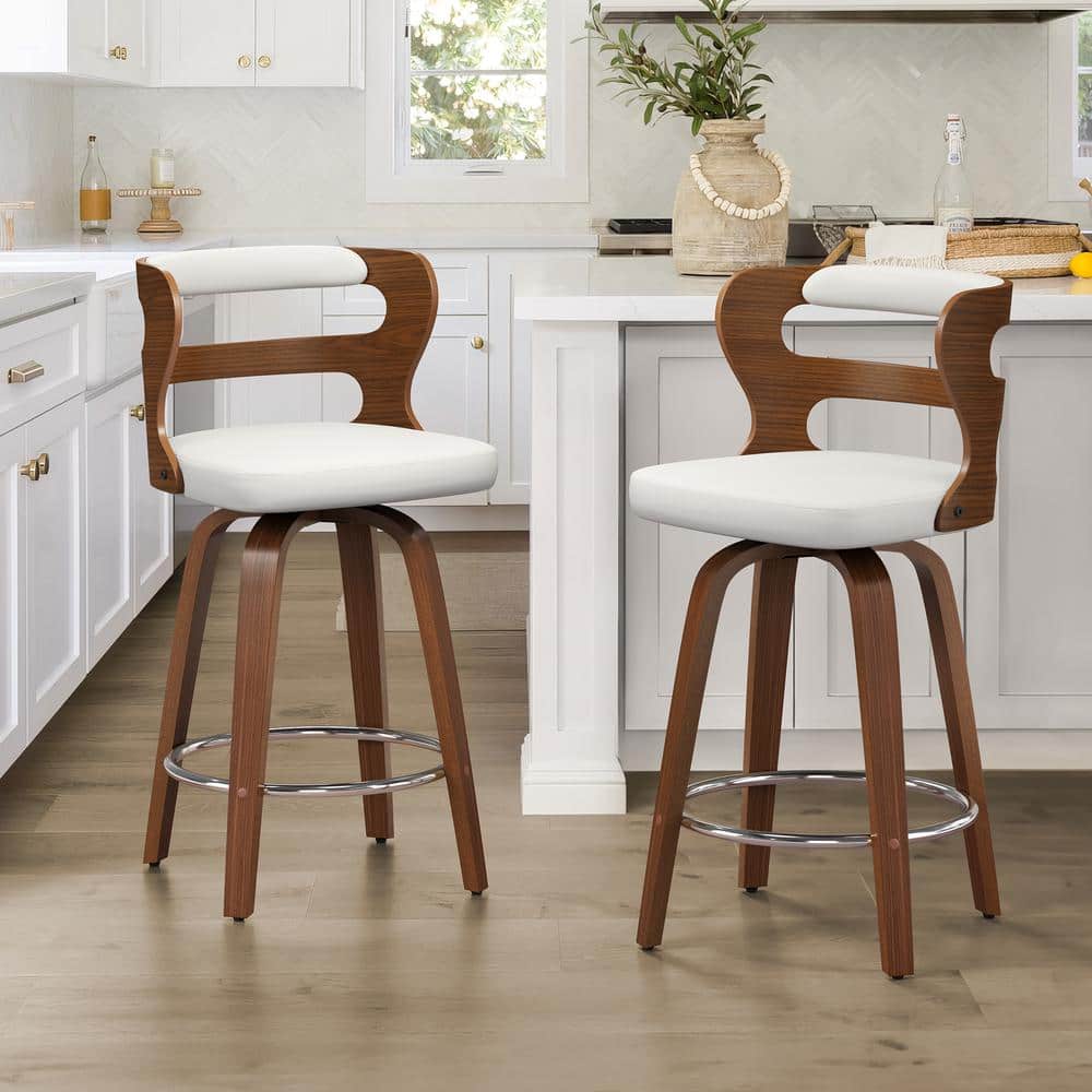 OrangeOne 26 in. White Faux Leather and Walnut Wood Mid-Century Modern ...